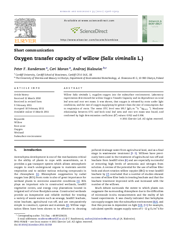 (PDF) Oxygen transfer capacity of willow (Salix viminalis L.)