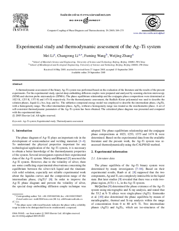 (PDF) Experimental study and thermodynamic assessment of the Ag–Ti system