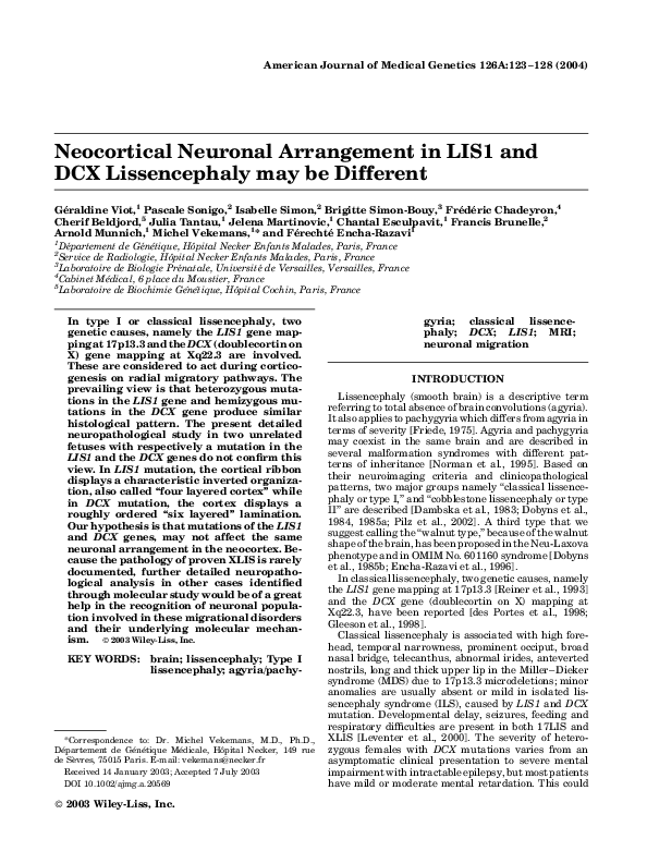 (PDF) Neocortical neuronal arrangement in LIS1 and DCX lissencephaly ...