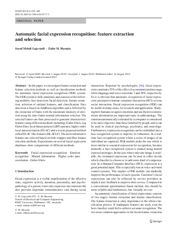 Pdf Automatic Facial Expression Recognition Feature Extraction And