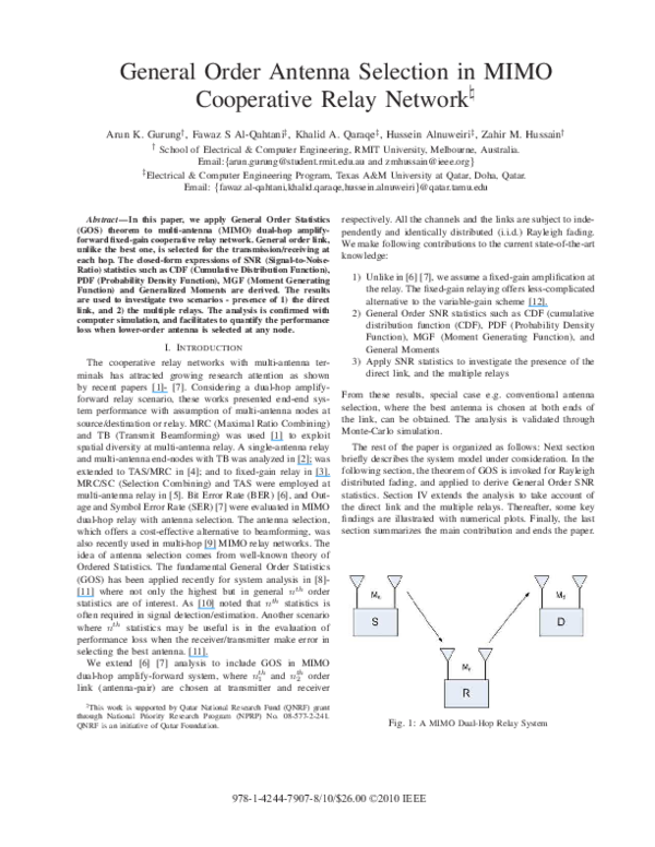 Pdf General Order Antenna Selection In Mimo Cooperative Relay Network