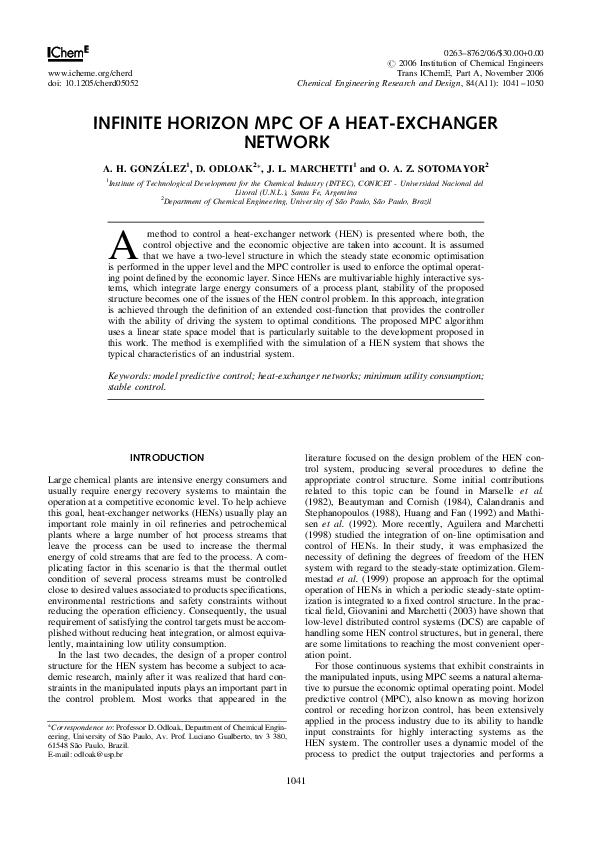 (PDF) Infinite Horizon MPC of a Heat-exchanger Network