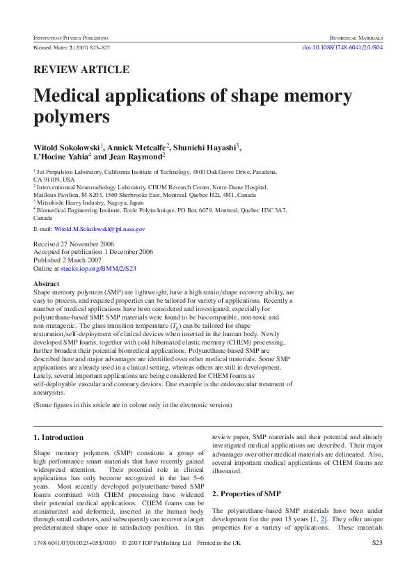 (PDF) Medical applications of shape memory polymers