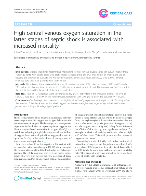 (PDF) High central venous oxygen saturation in the latter stages of septic shock is associated ...