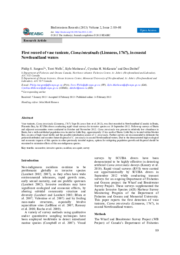 (PDF) First record of vase tunicate, Ciona intestinalis (Linnaeus, 1767 ...