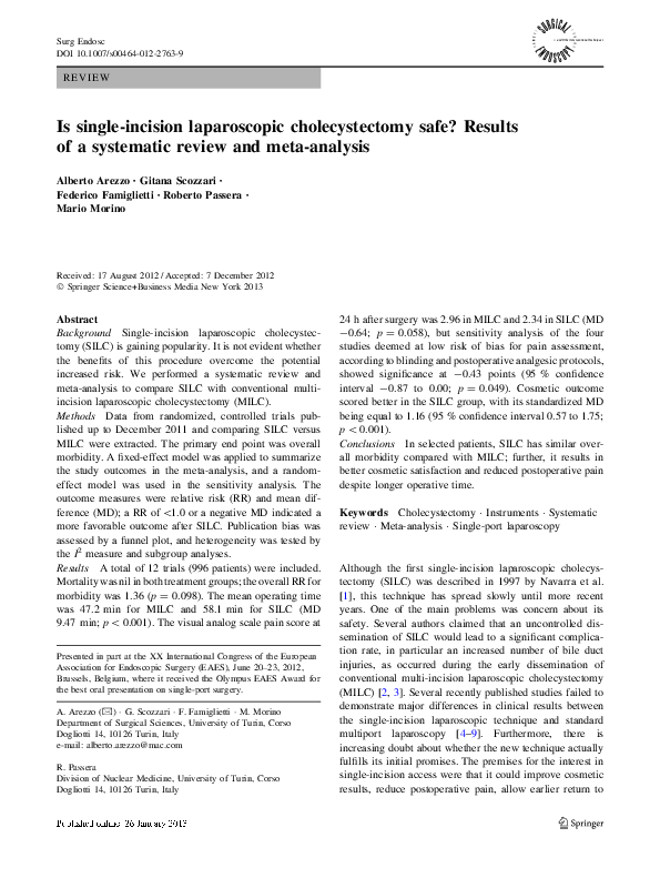 (PDF) Single-incision laparoscopic cholecystectomy: Initial experience with different ...