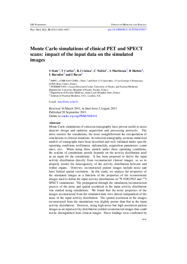 (PDF) Monte Carlo simulations of clinical PET and SPECT scans: impact ...