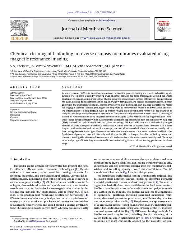 (PDF) Chemical cleaning of biofouling in reverse osmosis membranes evaluated using magnetic ...