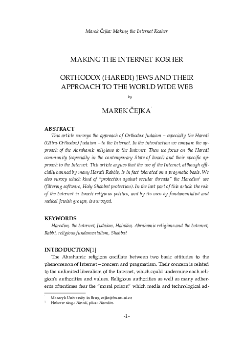 (PDF) Making the Internet Kosher. Orthodox (Haredi) Jews and their ...
