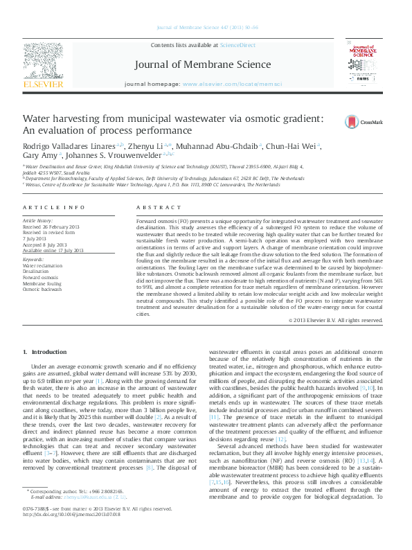 (PDF) Water harvesting from municipal wastewater via osmotic gradient ...