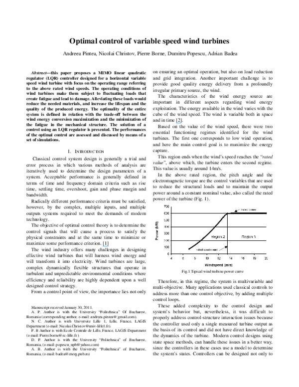 (PDF) Optimal control of variable speed wind turbines