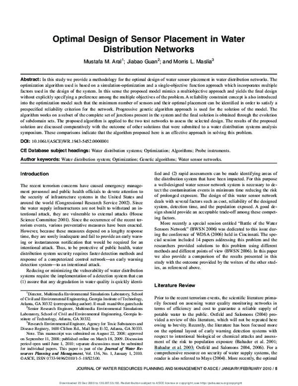 Pdf Optimization Model And Algorithms For Design Of Water Sensor Placement In Water
