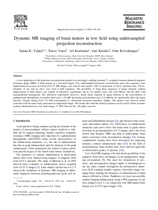 (PDF) Dynamic MR imaging of brain tumors in low field using undersampled projection reconstruction