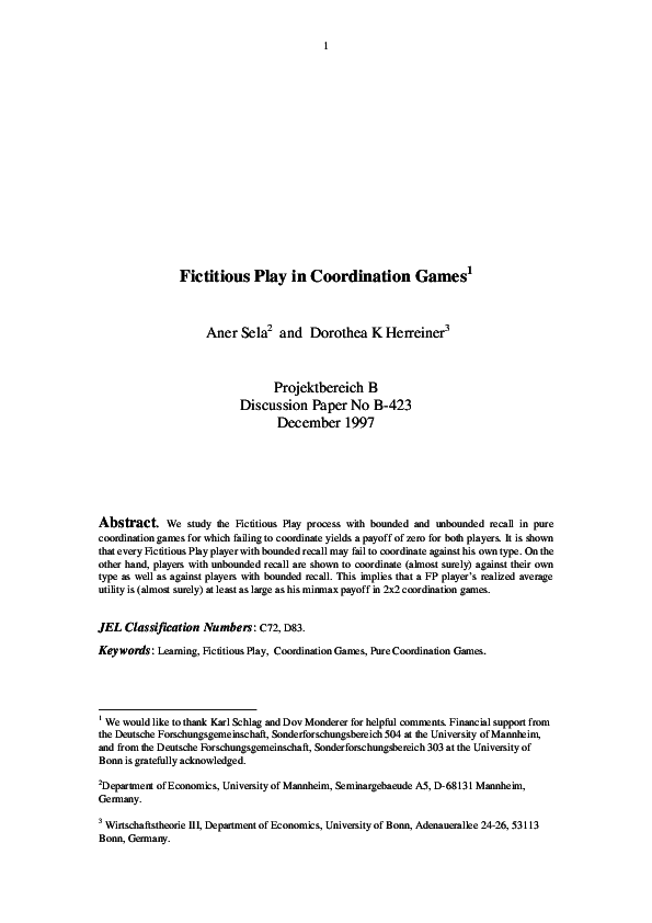 (PDF) Fictitious play in coordination games