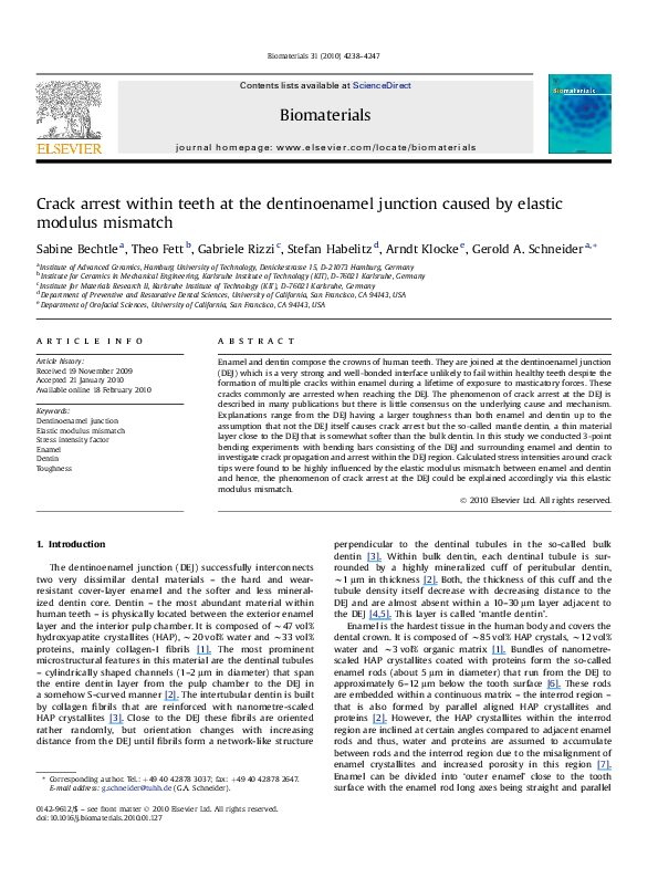(PDF) Crack arrest within teeth at the dentinoenamel junction caused by ...