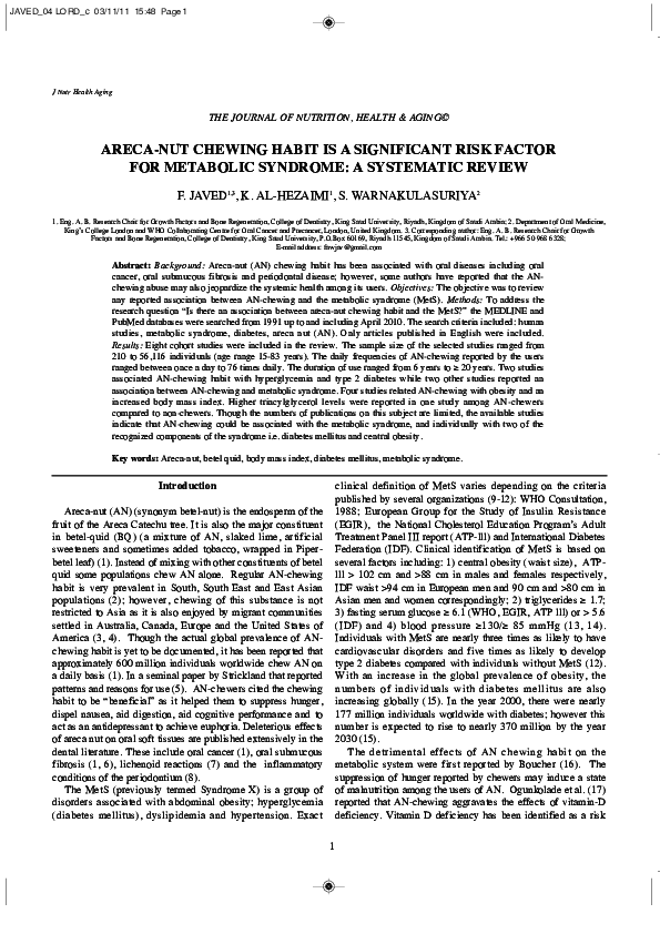 (PDF) Areca-nut chewing habit is a significant risk factor for metabolic syndrome: A systematic ...