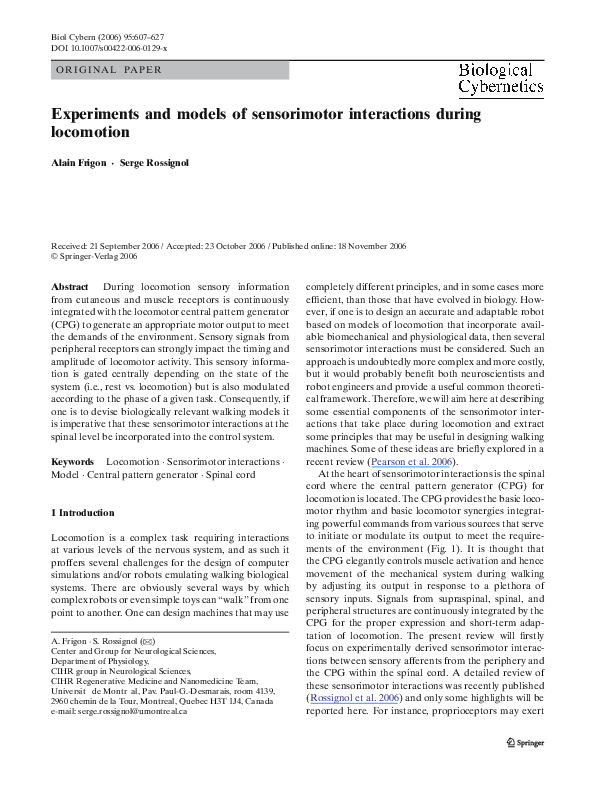 Pdf Experiments And Models Of Sensorimotor Interactions During Locomotion