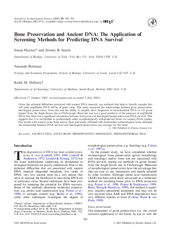 (PDF) Bone Preservation and Ancient DNA: The Application of Screening ...