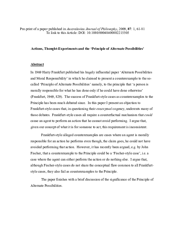 (PDF) Frankfurt, Thought-Experiments and 'The Principle of Alternate ...