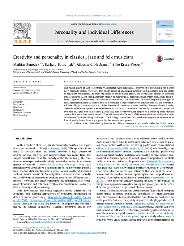 (PDF) Creativity and personality in classical, jazz and folk musicians