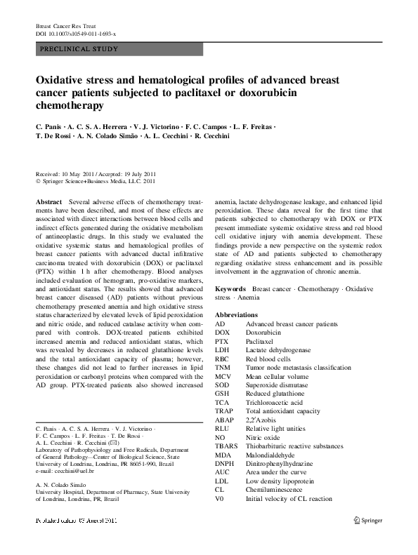 (PDF) Oxidative stress and hematological profiles of advanced breast cancer patients subjected ...