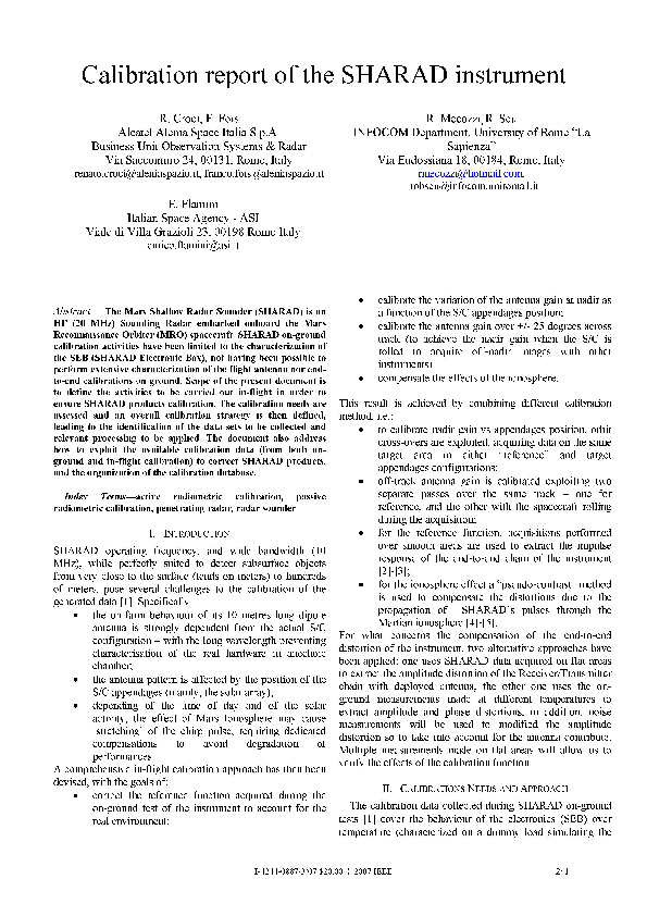 (PDF) Calibration report of the SHARAD instrument