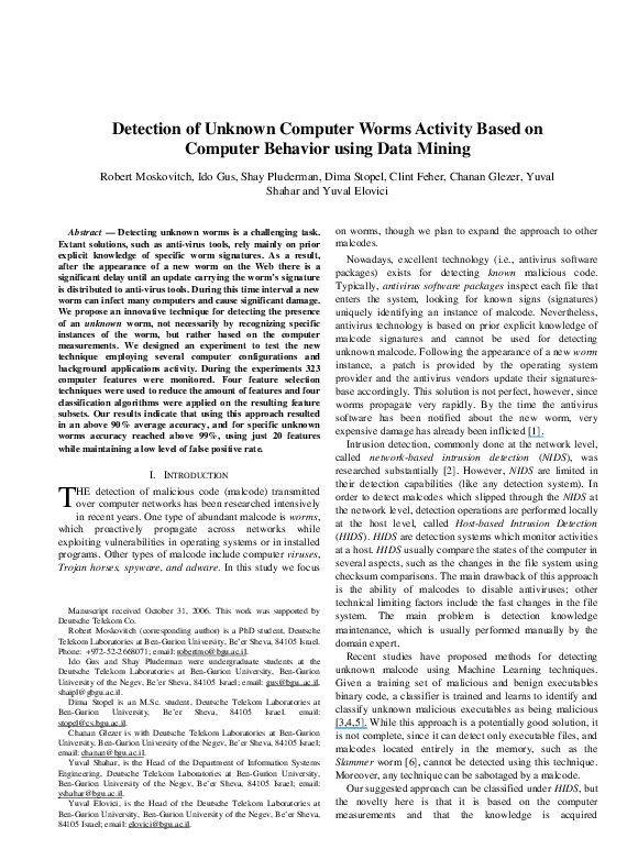 Pdf Detection Of Unknown Computer Worms Activity Based On Computer Behavior Using Data Mining