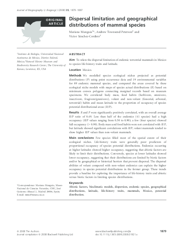 (PDF) Dispersal limitation and geographical distributions of mammal species