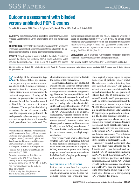 (PDF) Outcome assessment with blinded versus unblinded POP-Q exams