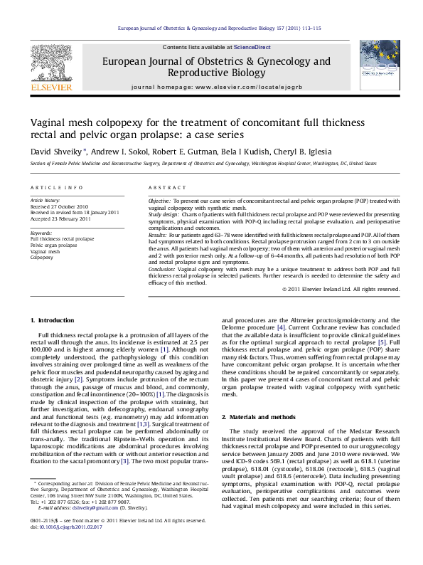 (PDF) Vaginal mesh colpopexy for the treatment of concomitant full ...