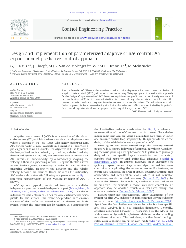Pdf Design And Implementation Of Parameterized Adaptive Cruise Control An Explicit Model