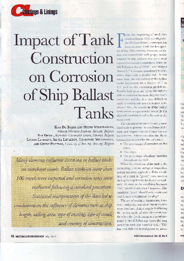 (PDF) Impact of Tank Construction on Corrosion of Ship Ballast Tanks