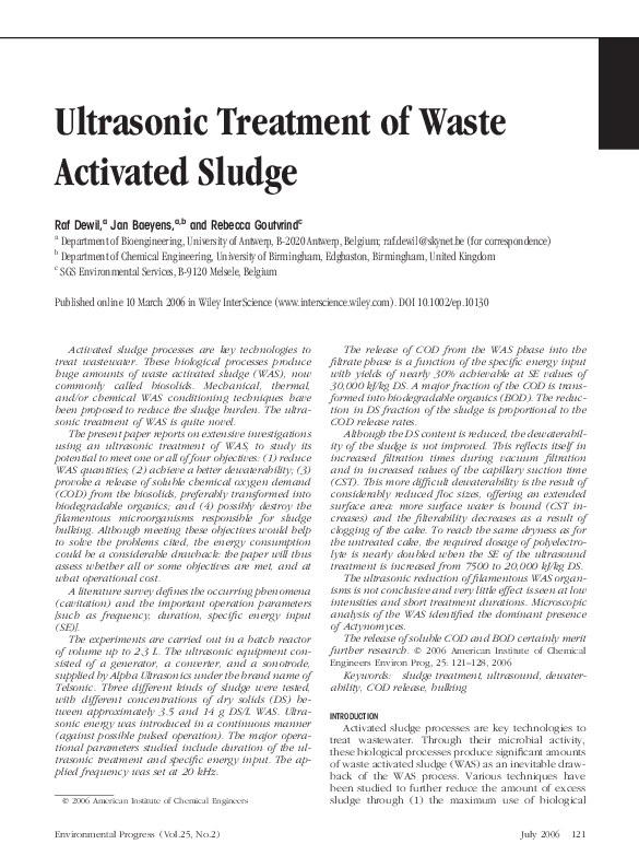 (PDF) Ultrasonic treatment of waste activated sludge