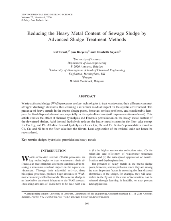 (PDF) Reducing the Heavy Metal Content of Sewage Sludge by Advanced Sludge Treatment Methods