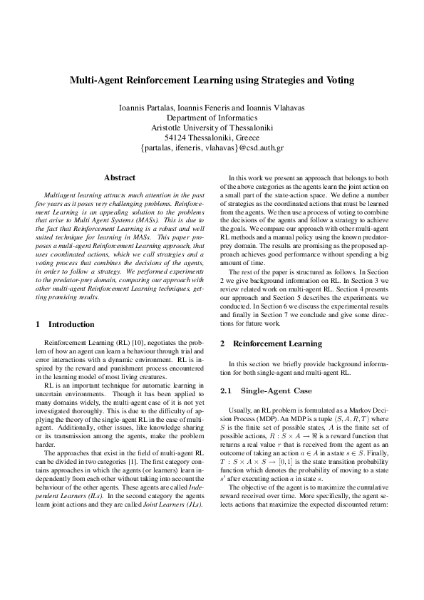 (PDF) Multi-agent reinforcement learning using strategies and voting