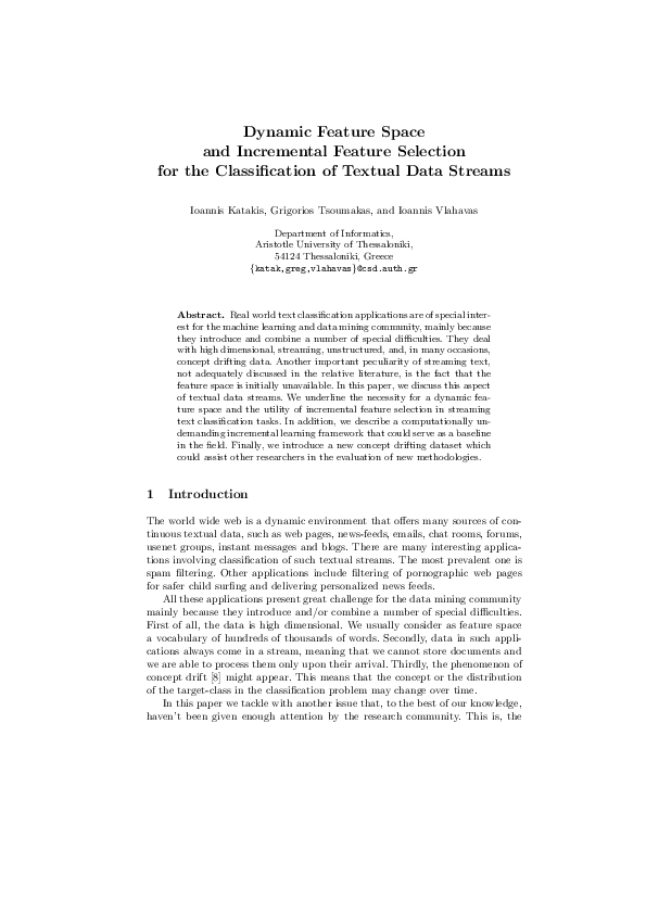 Pdf Dynamic Feature Space And Incremental Feature Selection For The Classification Of Textual