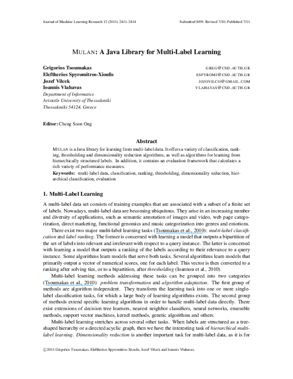 (PDF) MULAN: A Java Library for Multi-Label Learning | Ioannis Vlahavas ...