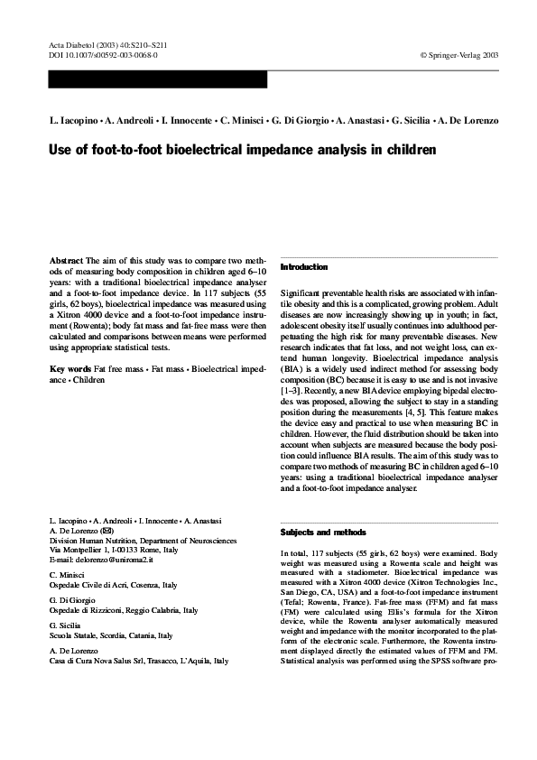 (PDF) Use of foot-to-foot bioelectrical impedance analysis in children