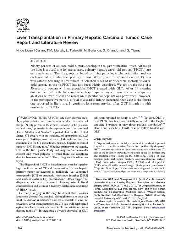 (PDF) Liver Transplantation in Primary Hepatic Carcinoid Tumor: Case ...