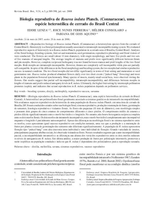 (PDF) Biologia reprodutiva de Rourea induta Planch. (Connaraceae), uma ...