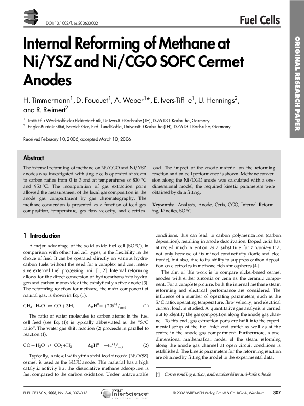 (PDF) Internal Reforming of Methane at Ni/YSZ and Ni/CGO SOFC Cermet Anodes