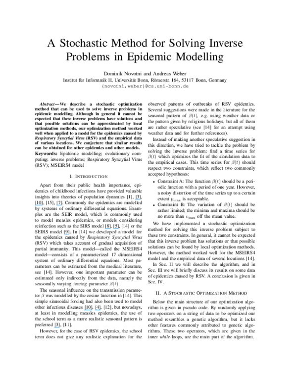 Pdf A Stochastic Method For Solving Inverse Problems In Epidemic Modelling
