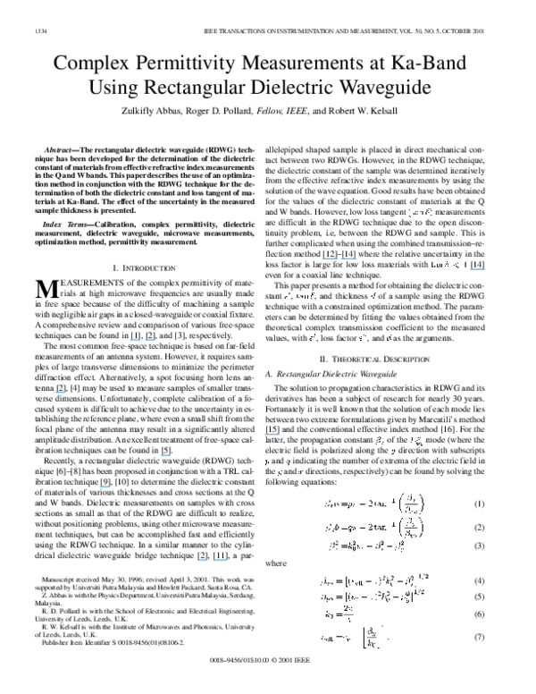 (PDF) Complex permittivity measurements at Ka-Band using rectangular dielectric waveguide