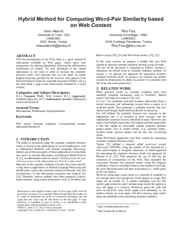 Pdf Semantic Similarity Measure Based On Web Content