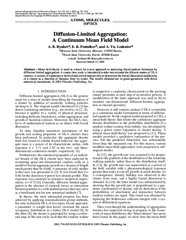 (PDF) Diffusion-limited aggregation: A continuum mean field model