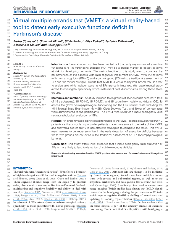 (PDF) Virtual multiple errands test (VMET): a virtual reality-based ...