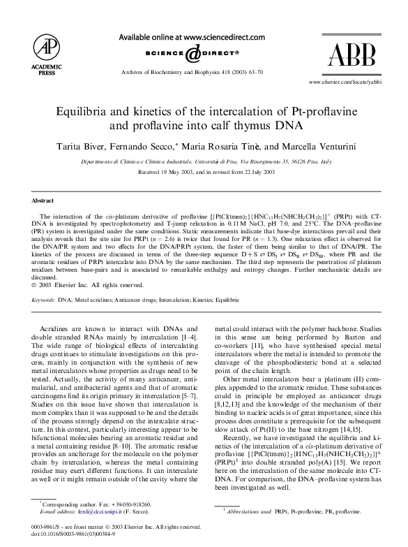 (PDF) Equilibria and kinetics of the intercalation of Pt-proflavine and ...