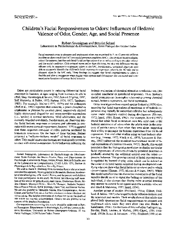 (PDF) Children's facial responsiveness to odors: Influences of hedonic ...