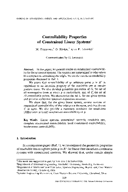 Pdf Controllability Properties Of Constrained Linear Systems