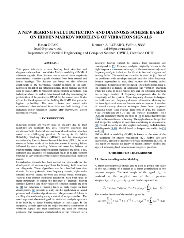 Pdf A New Bearing Fault Detection And Diagnosis Scheme Based On Hidden Markov Modeling Of